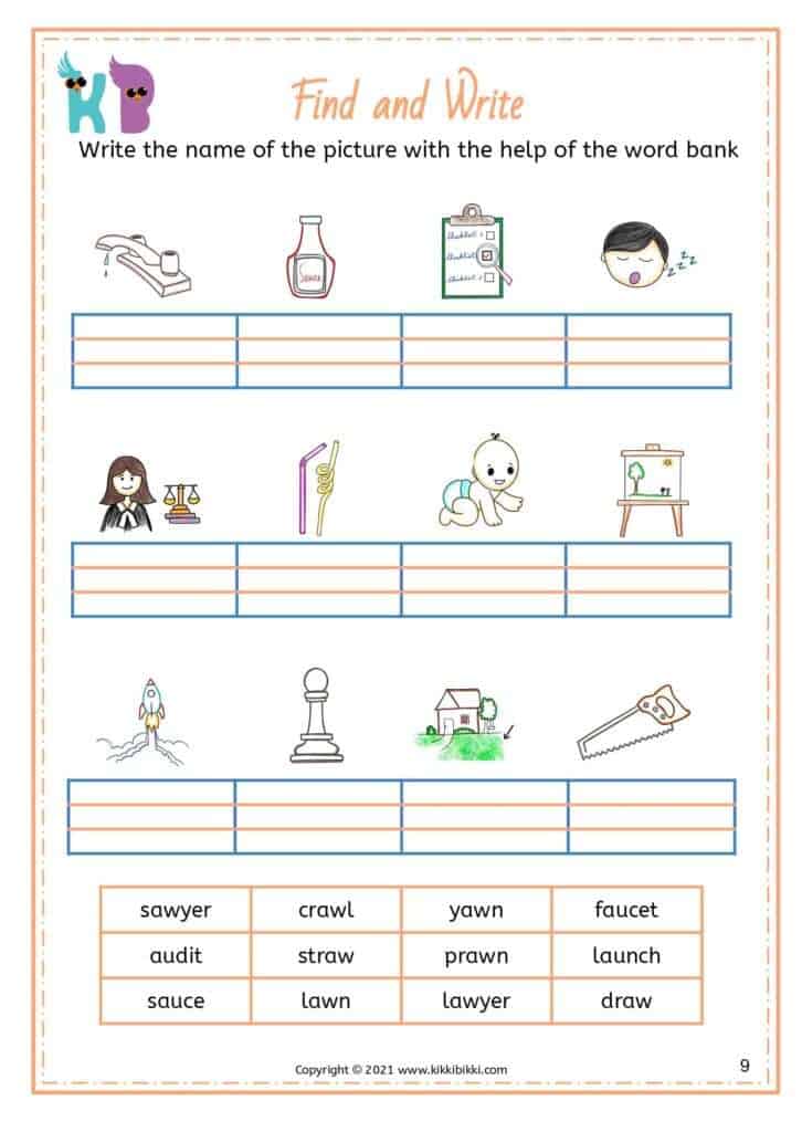 AU and AW Sound Families - Find and Write Worksheets
