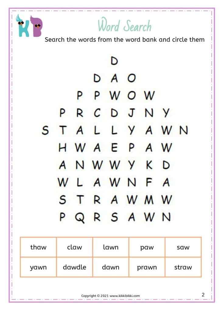 AU and AW Words: Free Phonics Word Search Worksheets