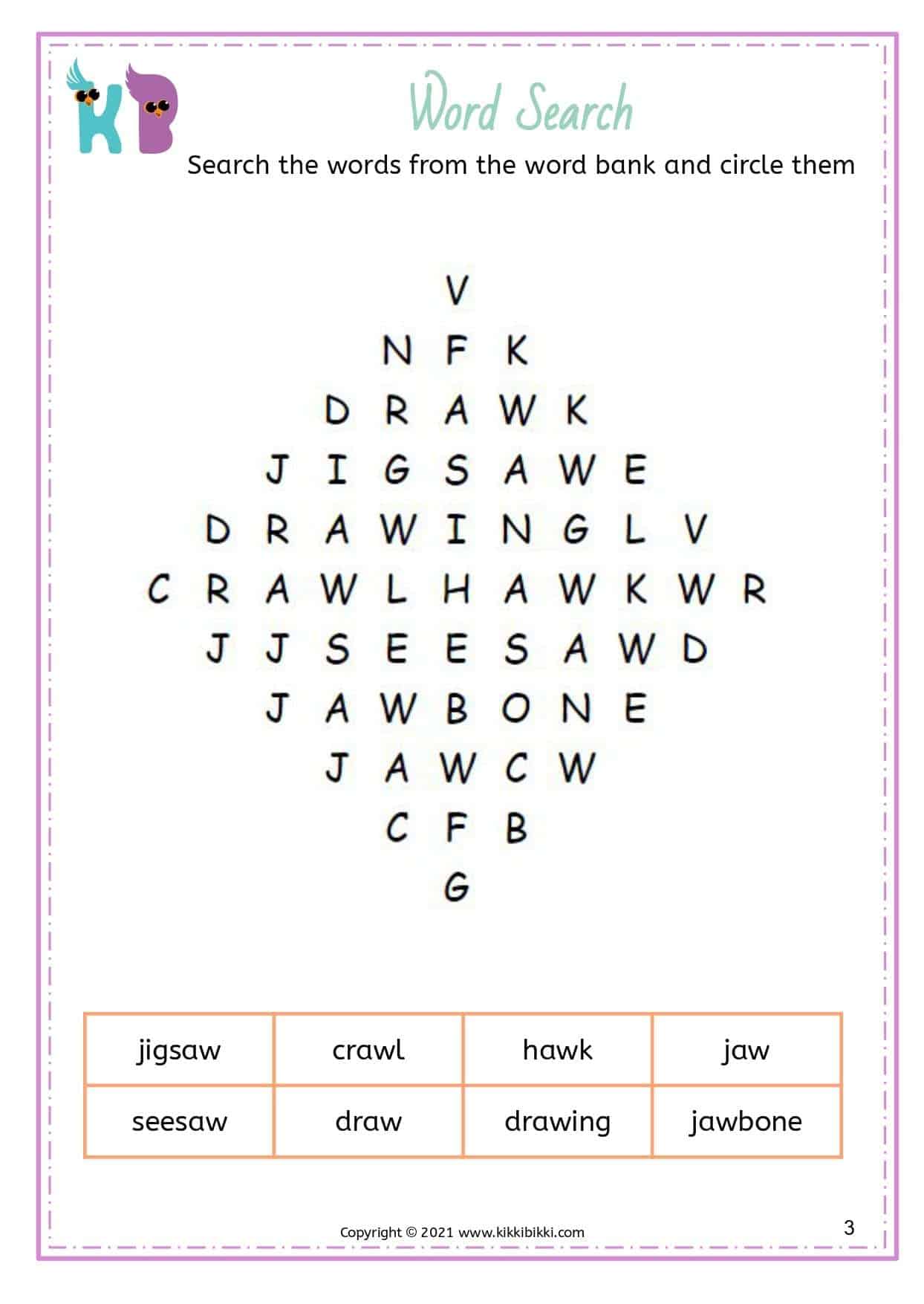 AU and AW Words: Free Phonics Word Search Worksheets