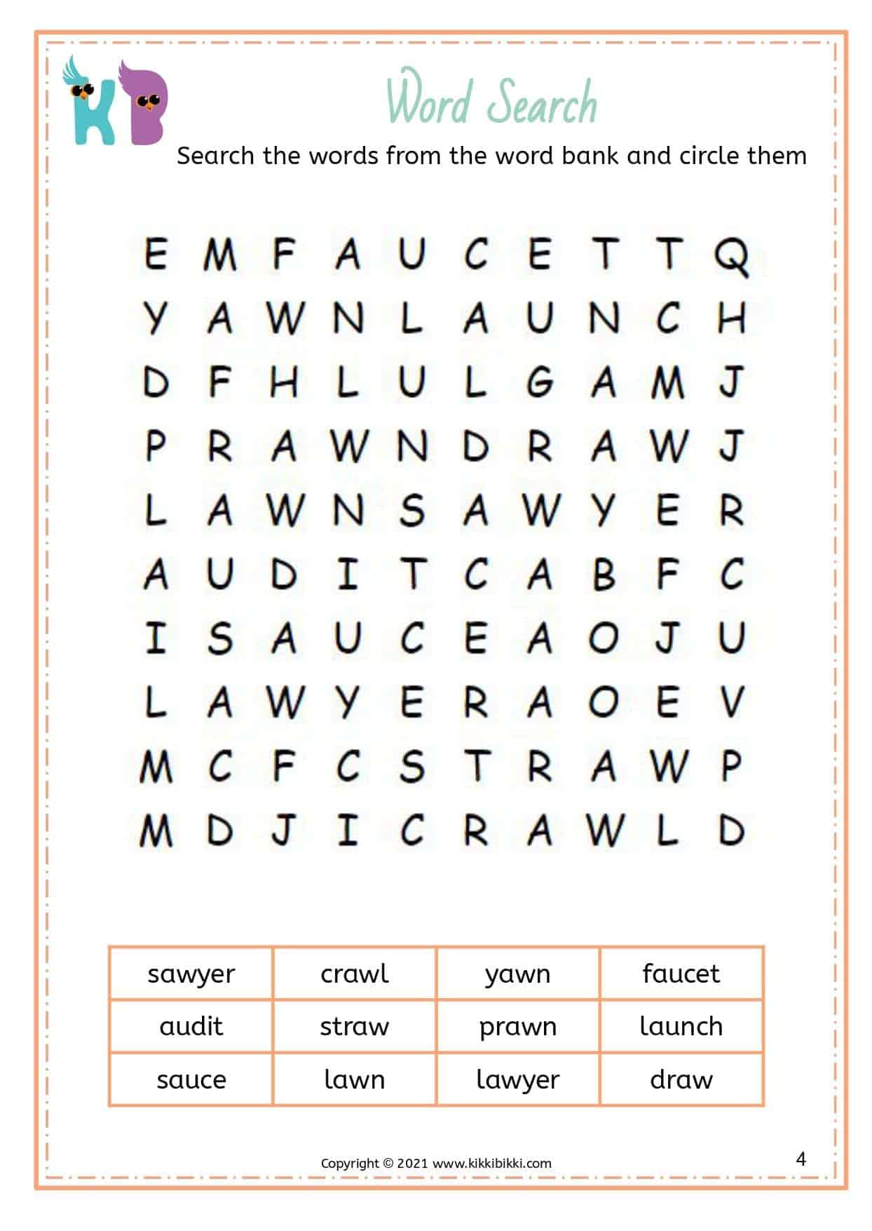 AU and AW Words: Free Phonics Word Search Worksheets