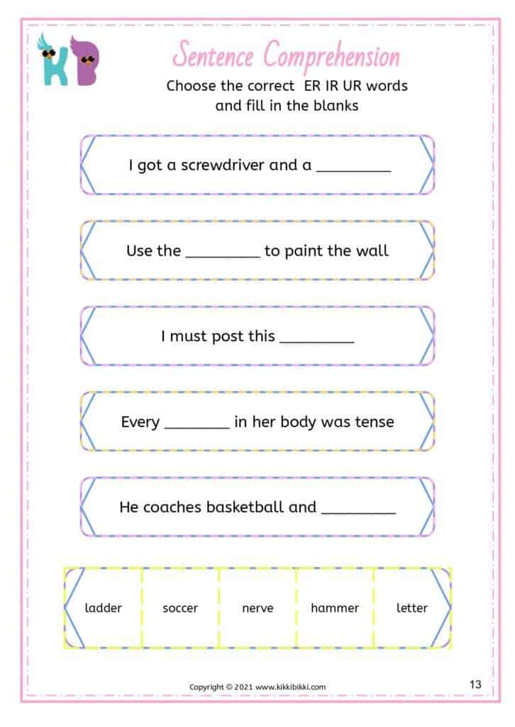 Bossy R Sentence Comprehension worksheets for er, ir, ur words