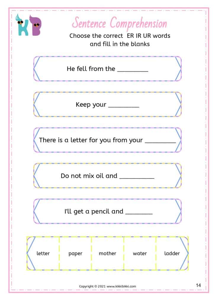 Bossy R Sentence Comprehension worksheets for er, ir, ur words