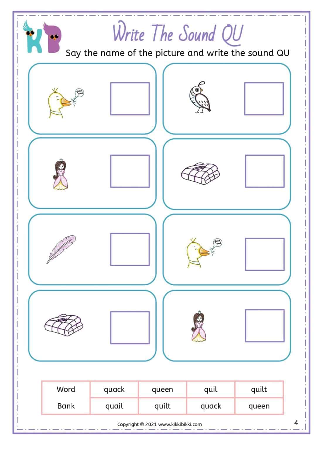 qu Words - Kindergarten Worksheet - Free Phonics Printable