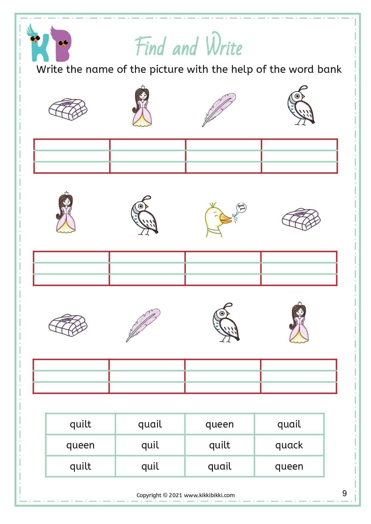 qu Words - Kindergarten Worksheet - Free Phonics Printable