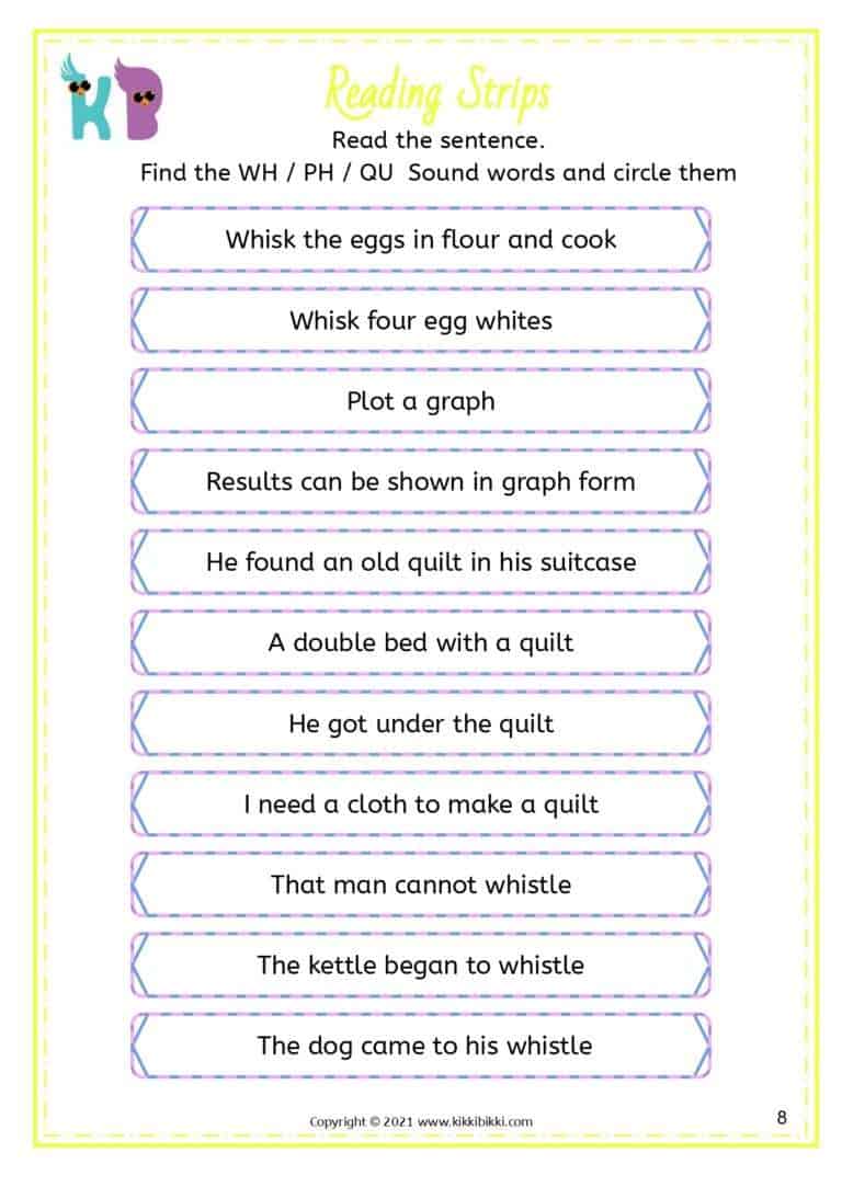 WH, PH, and QU Words - Reading Strips Worksheets