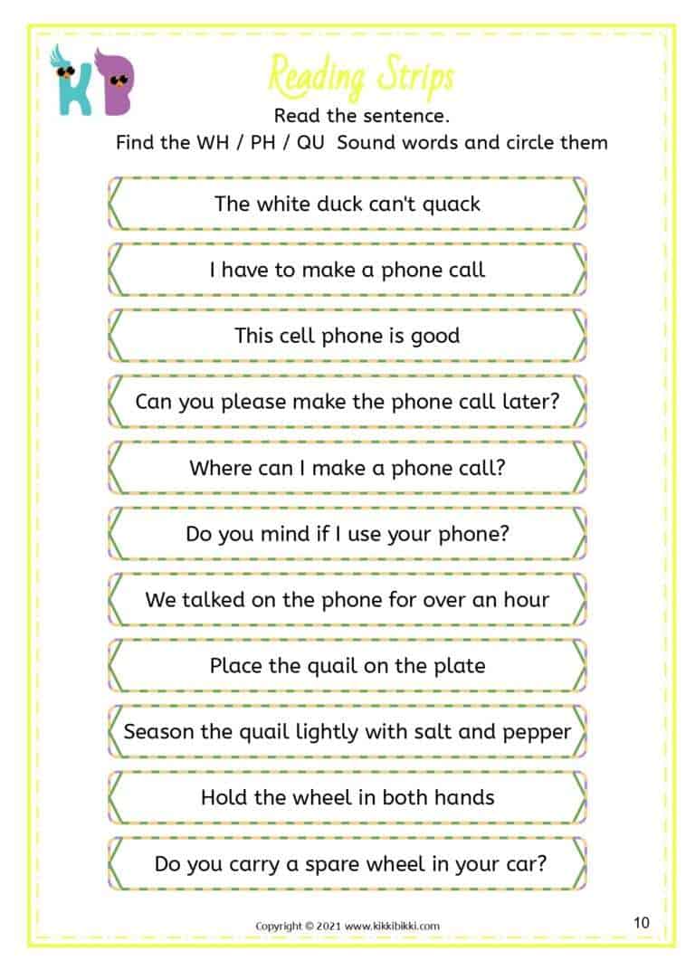 WH, PH, and QU Words - Reading Strips Worksheets