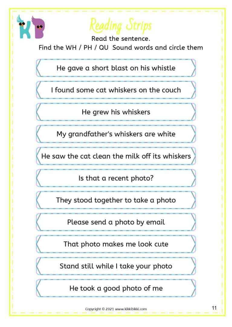 WH, PH, and QU Words - Reading Strips Worksheets