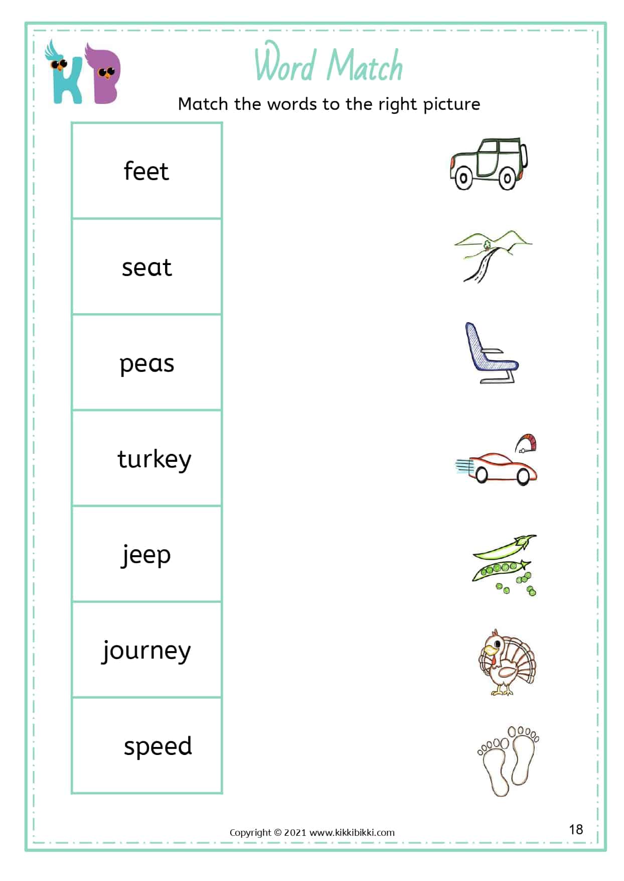 EE, EA, EY Sound Family - Word Match Worksheets for Kids