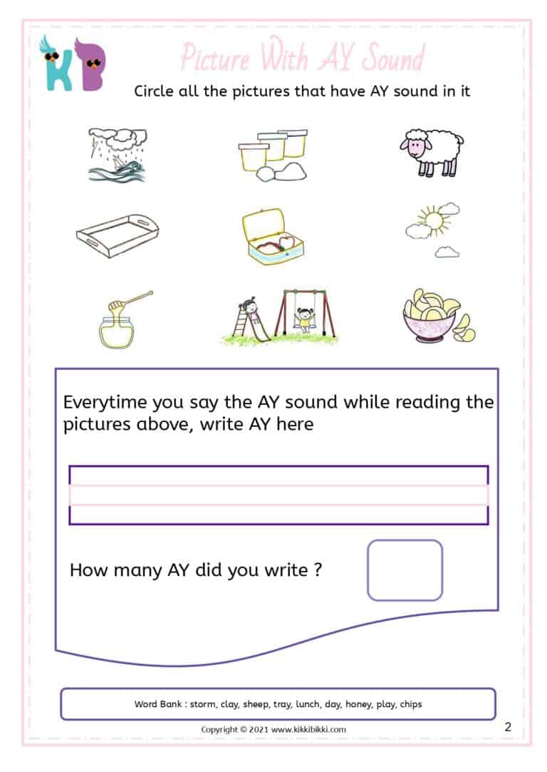 ay words - Kindergarten Worksheet - Free Phonics Printable