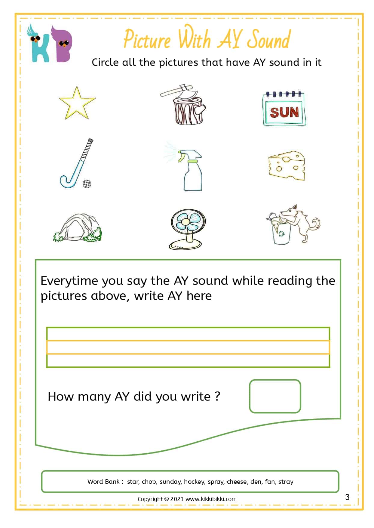 ay words - Kindergarten Worksheet - Free Phonics Printable