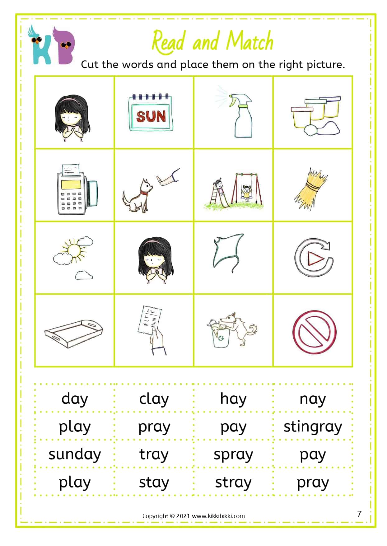 ay words - Kindergarten Worksheet - Free Phonics Printable