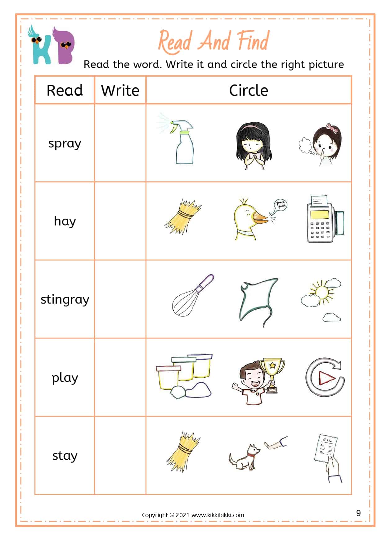 ay words - Kindergarten Worksheet - Free Phonics Printable
