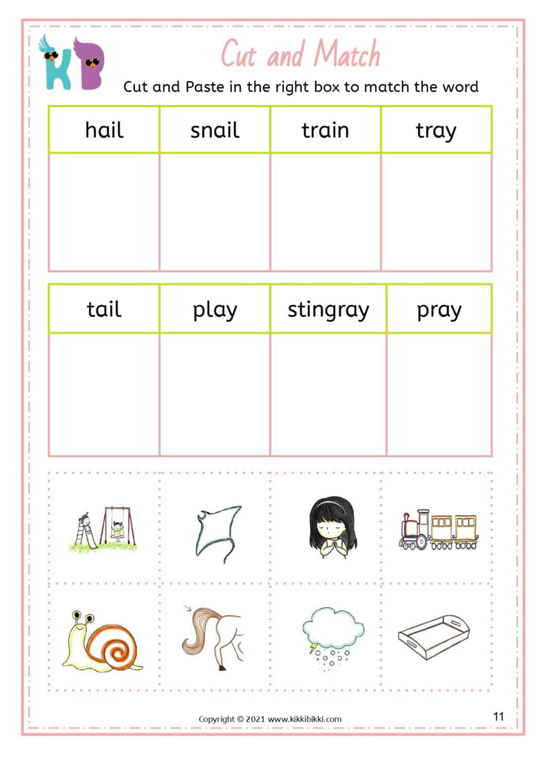 Cut and Match - Long A Free Worksheets for AI & AY Words
