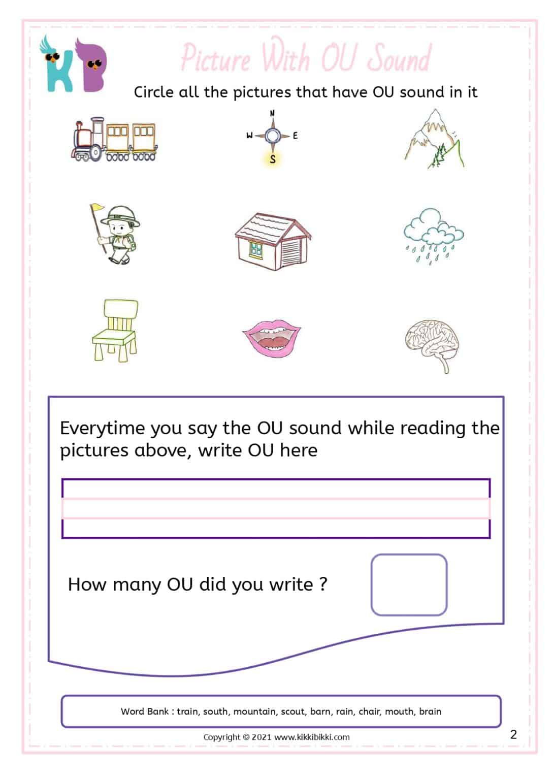 ou Words - Kindergarten Worksheet - Free Phonics Printable