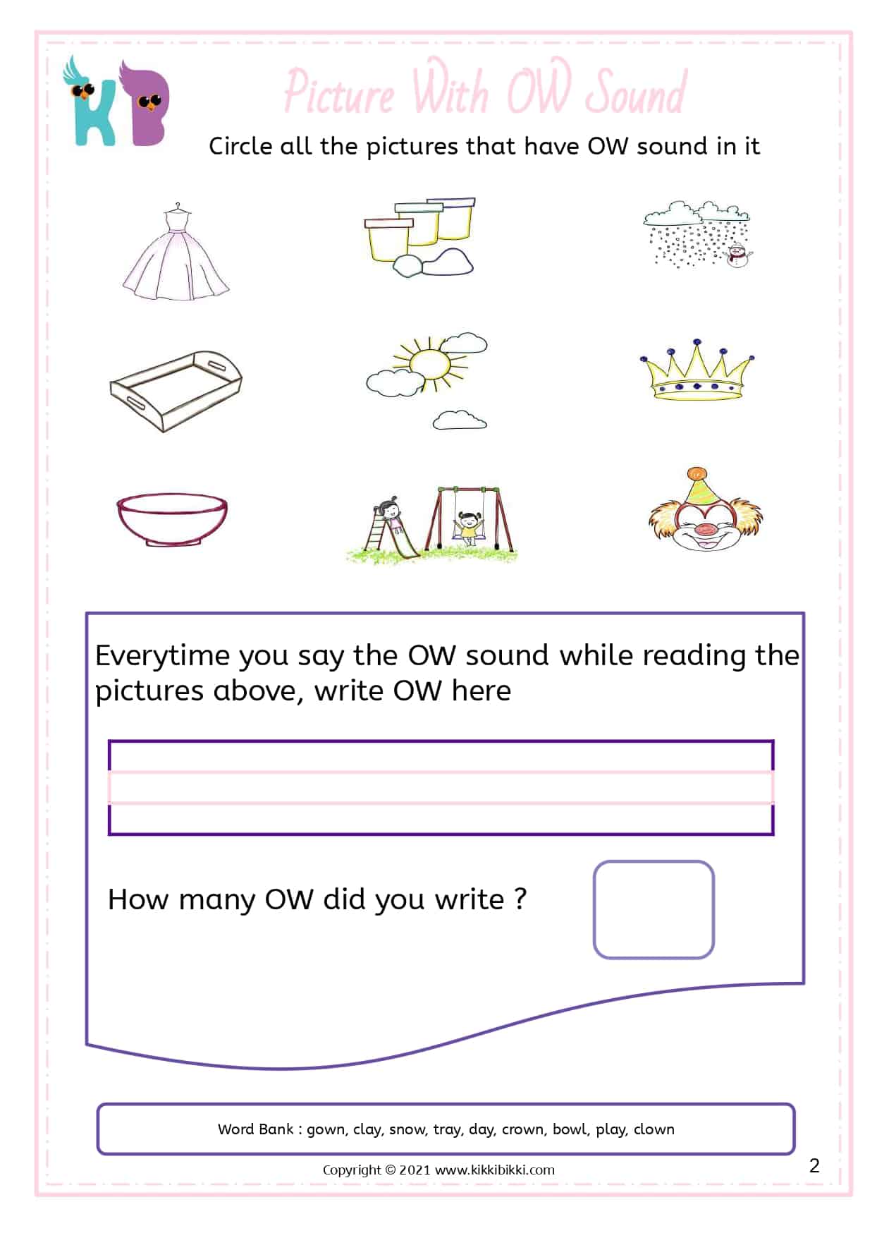 ow Words - Kindergarten Worksheet - Free Phonics Printable