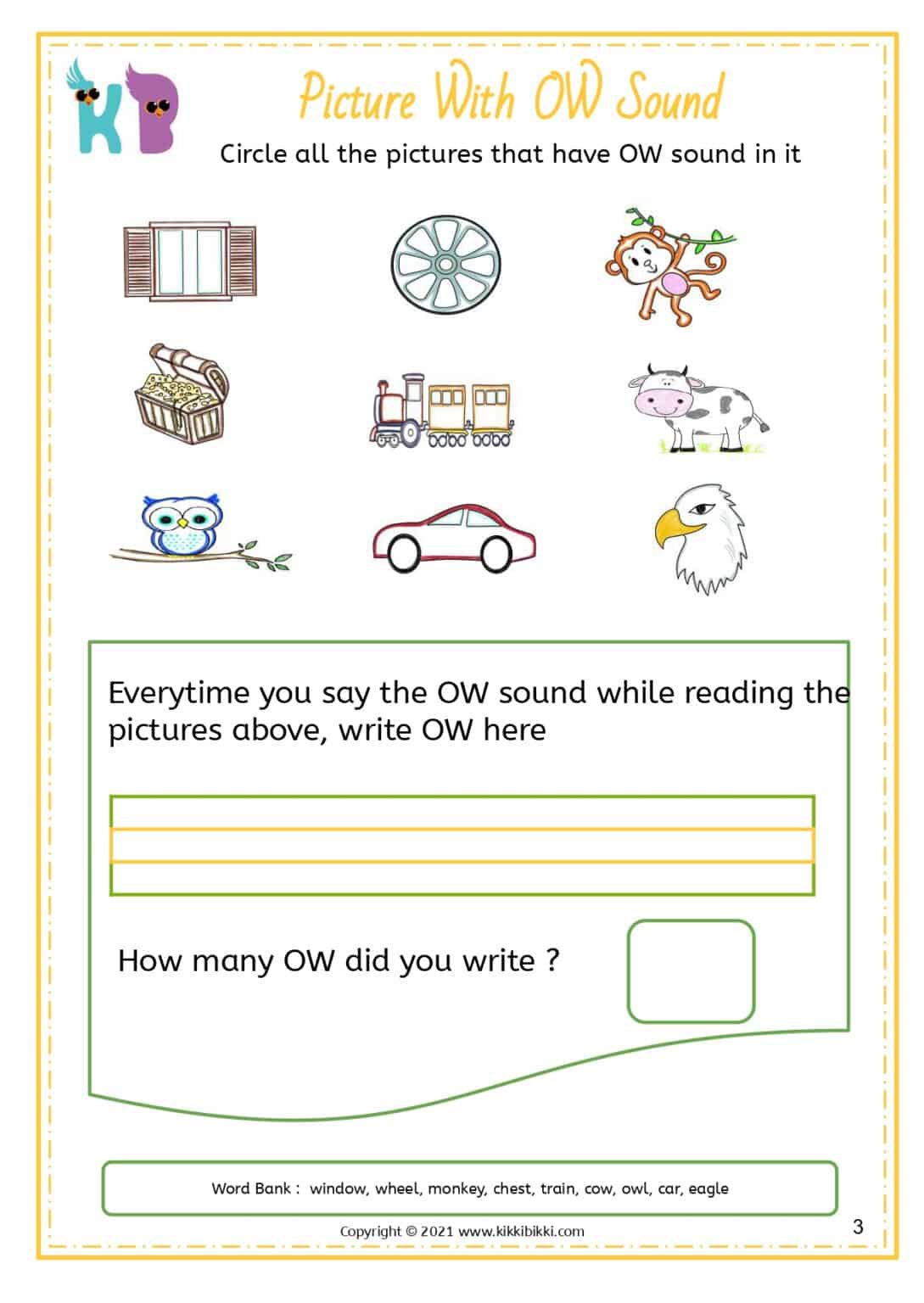 ow Words - Kindergarten Worksheet - Free Phonics Printable