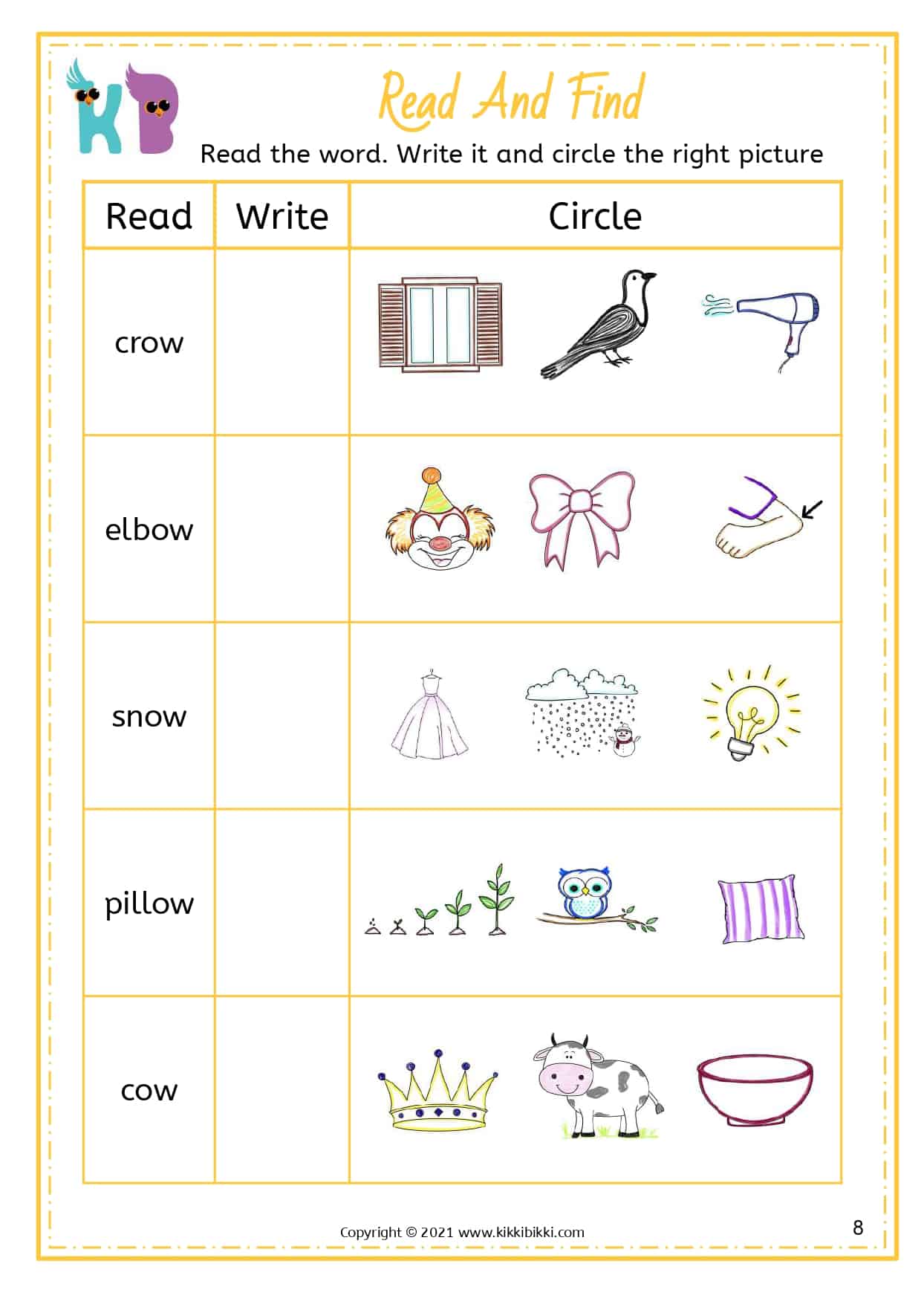 ow Words - Kindergarten Worksheet - Free Phonics Printable