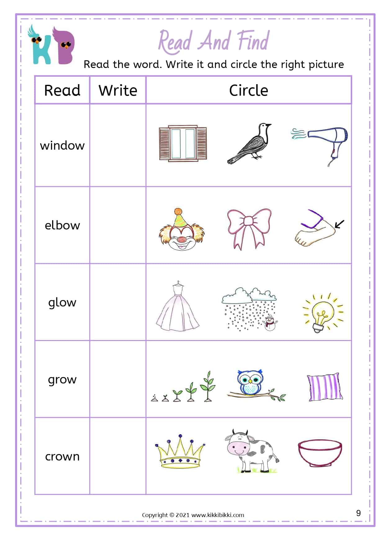 ow Words - Kindergarten Worksheet - Free Phonics Printable