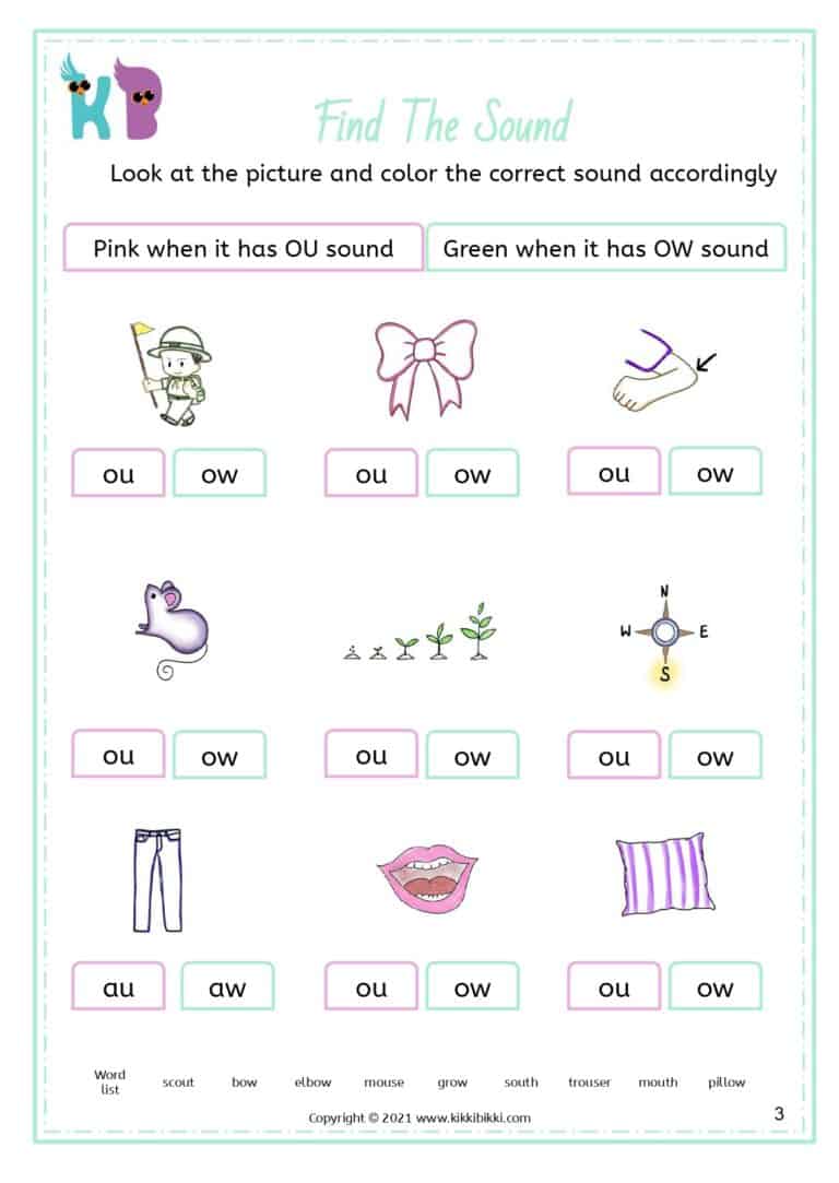 Learn to Spell ou and ow sound words | Free Phonics Worksheets