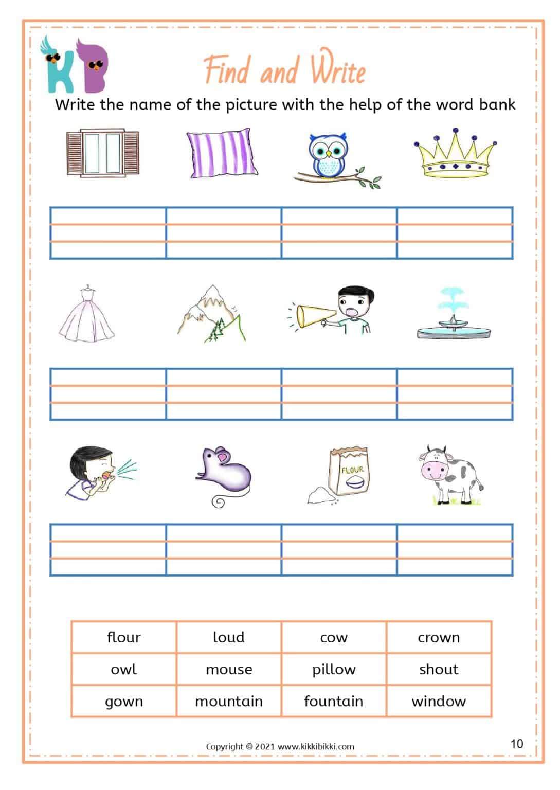 Learn to Spell ou and ow sound words | Free Phonics Worksheets