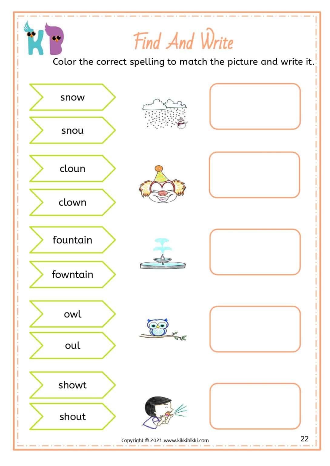 Learn to Spell ou and ow sound words | Free Phonics Worksheets