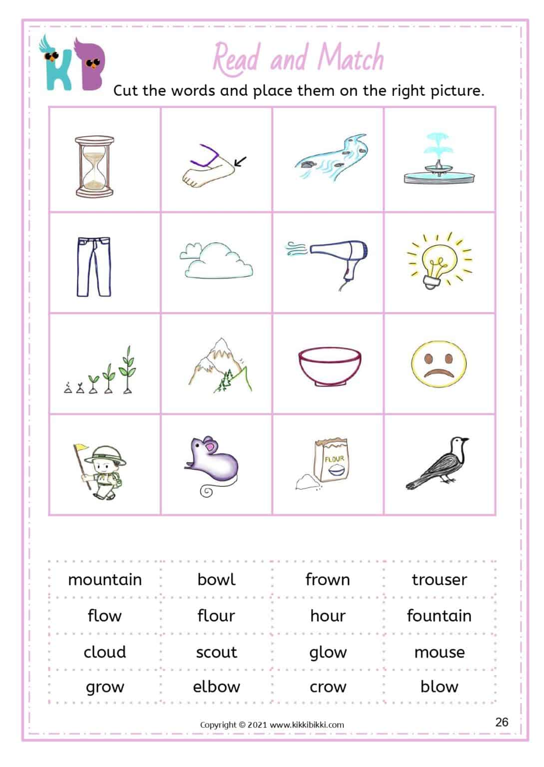 Learn to Spell ou and ow sound words | Free Phonics Worksheets