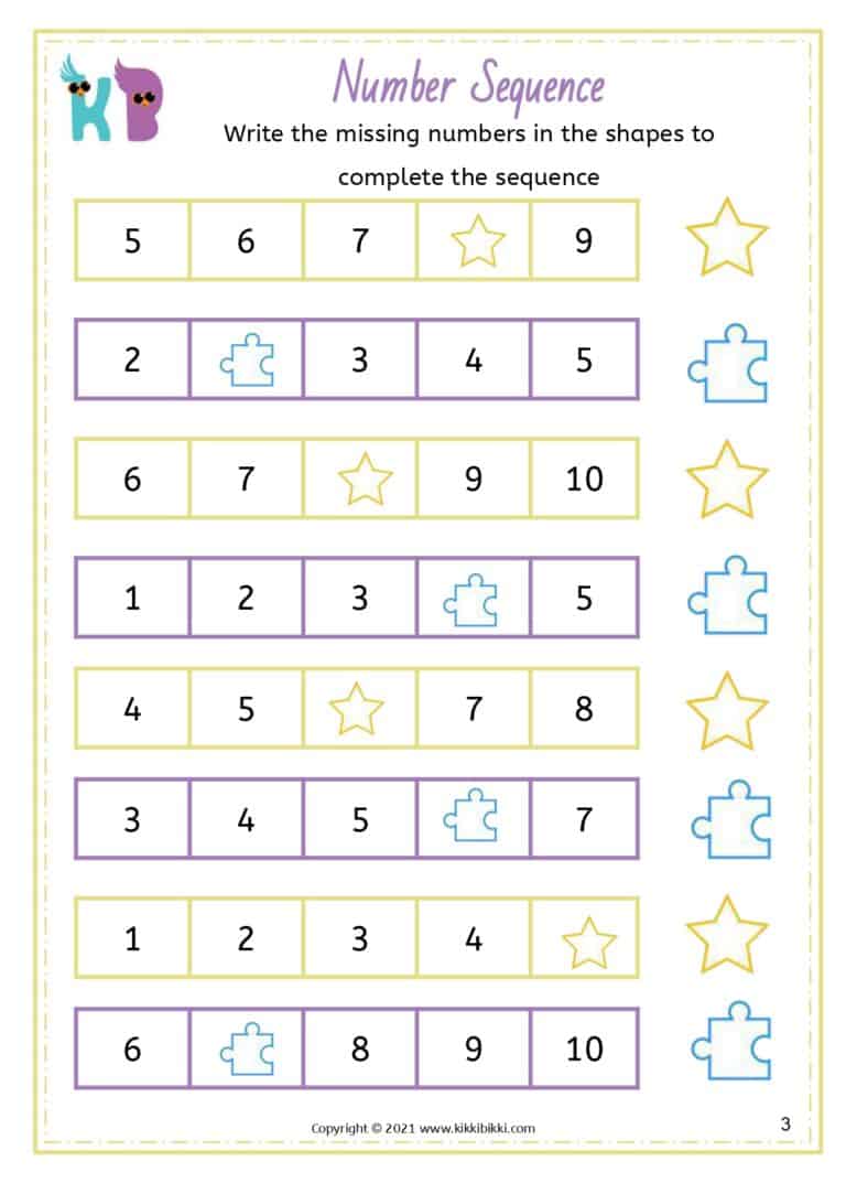 15+ NUMBER SEQUENCE Kindergarten Worksheets - Kikkibikki