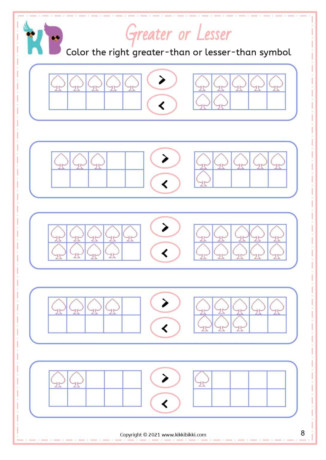 Greater Than / Less Than - KikkiBikki's Kindergarten Worksheets