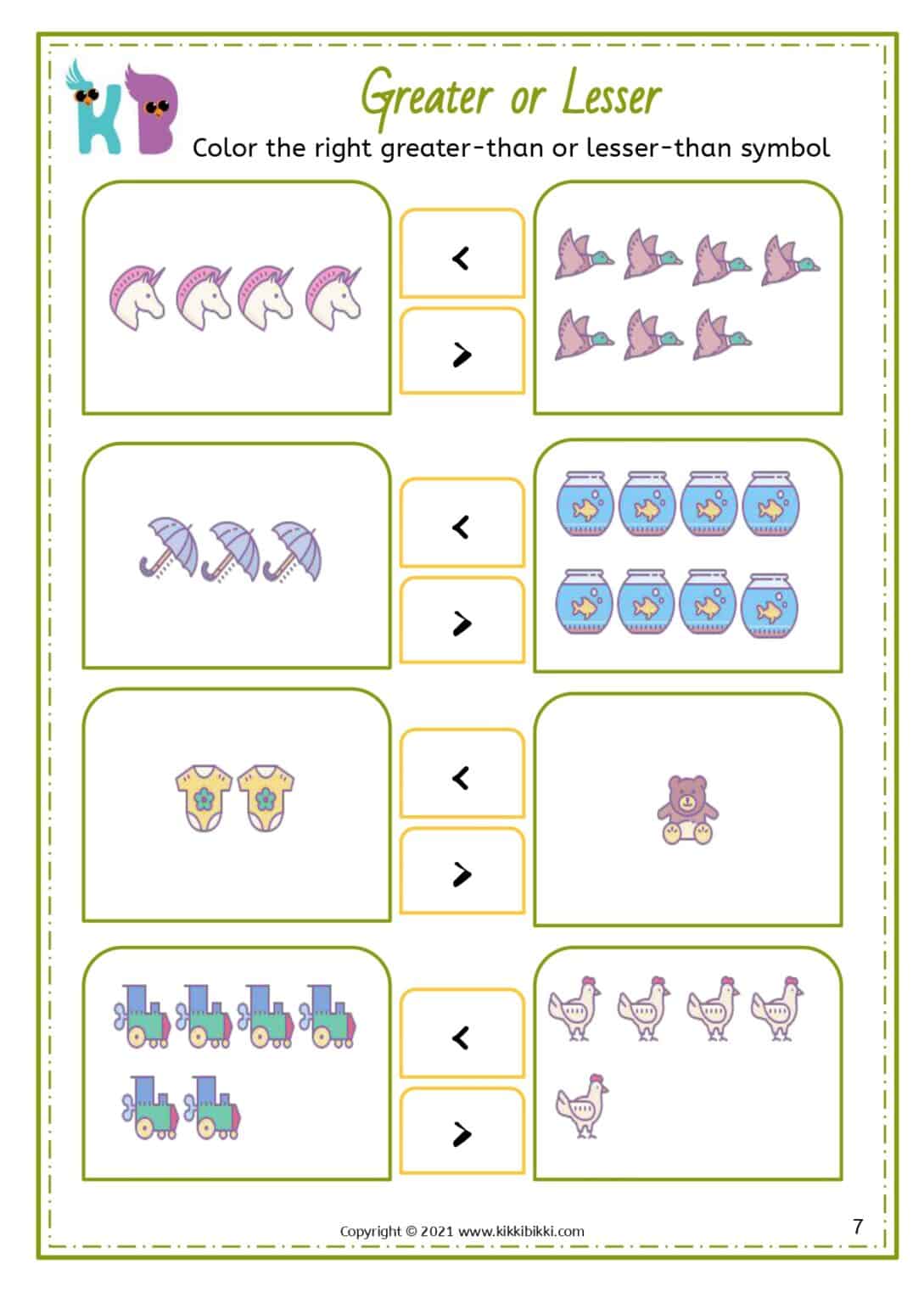 Greater Than / Less Than - KikkiBikki's Kindergarten Worksheets