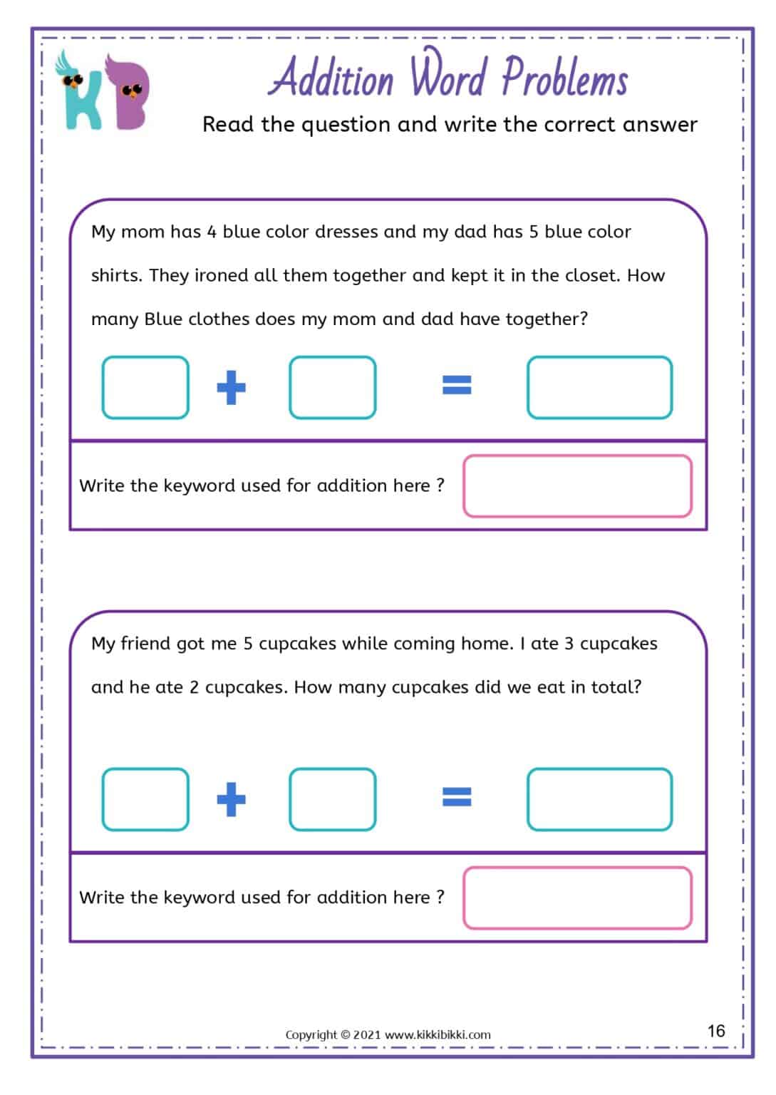 ADDITION WORD PROBLEM WORKSHEETS - KikkiBikki