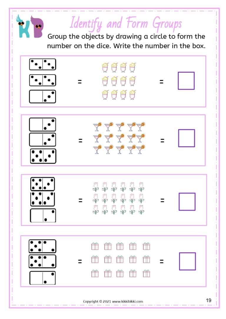 Math Printable Worksheets on GROUPING NUMBERS Upto 20