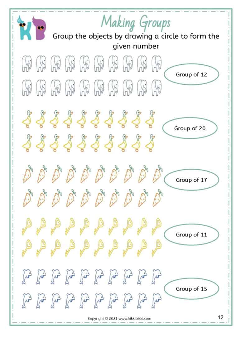 Math Printable Worksheets on GROUPING NUMBERS Upto 20