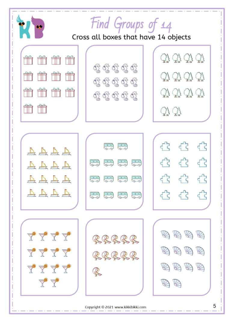 Math Printable Worksheets on GROUPING NUMBERS Upto 20