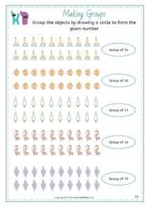 Math Printable Worksheets on GROUPING NUMBERS Upto 20