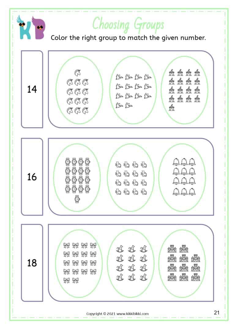 Math Printable Worksheets on GROUPING NUMBERS Upto 20