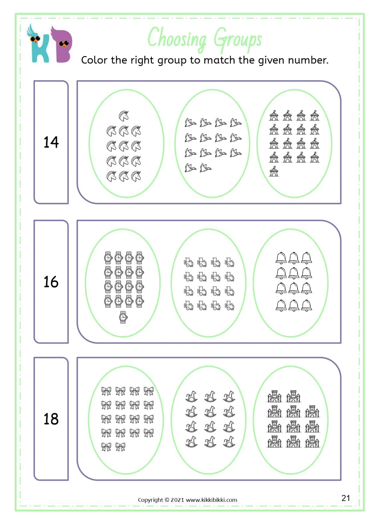 Math Printable Worksheets on GROUPING NUMBERS Upto 20
