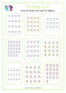Math Printable Worksheets on GROUPING NUMBERS Upto 20