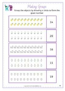Math Printable Worksheets on GROUPING NUMBERS Upto 20