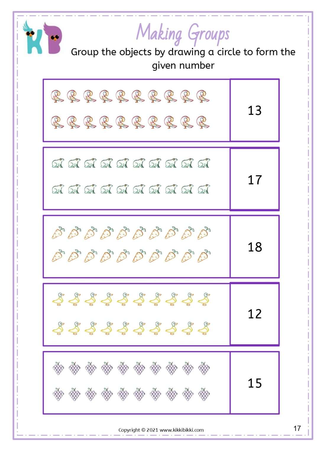 Math Printable Worksheets on GROUPING NUMBERS Upto 20