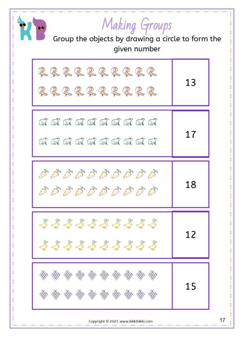 Math Printable Worksheets on GROUPING NUMBERS Upto 20