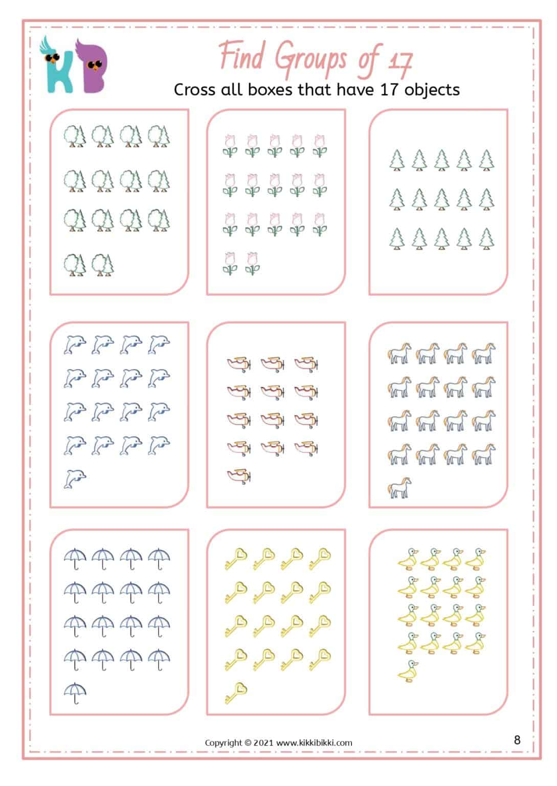 Math Printable Worksheets on GROUPING NUMBERS Upto 20