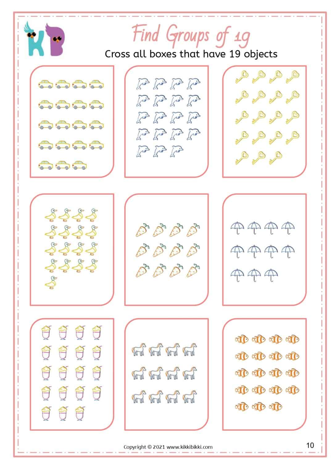 Math Printable Worksheets on GROUPING NUMBERS Upto 20
