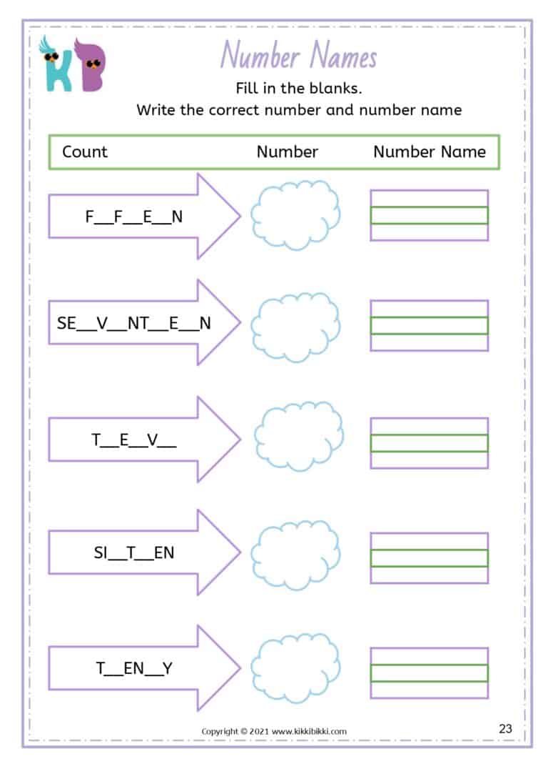 NUMBER NAMES - Free Math Kindergarten Worksheets