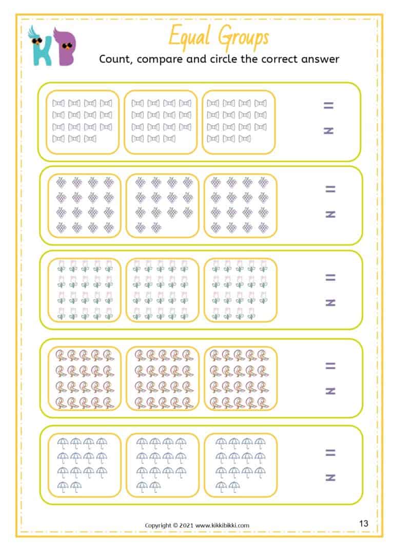 Free Math Printable Worksheets - EQUAL / NOT EQUAL GROUP