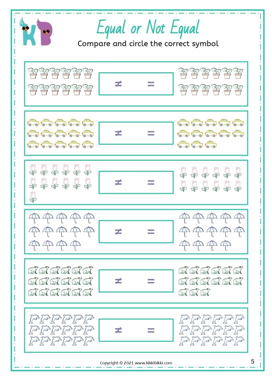 Free Math Printable Worksheets - EQUAL / NOT EQUAL GROUP