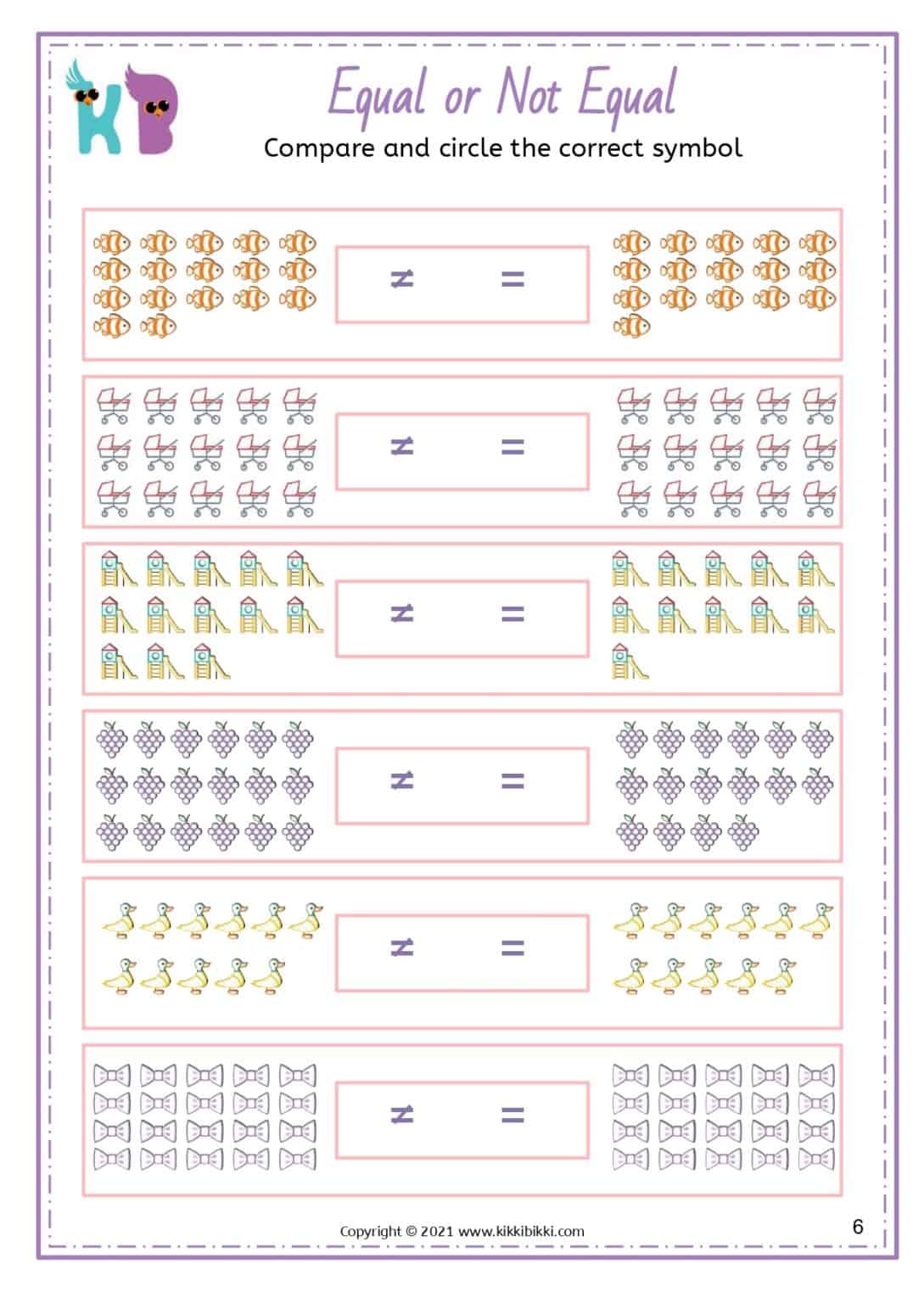Free Math Printable Worksheets - EQUAL / NOT EQUAL GROUP