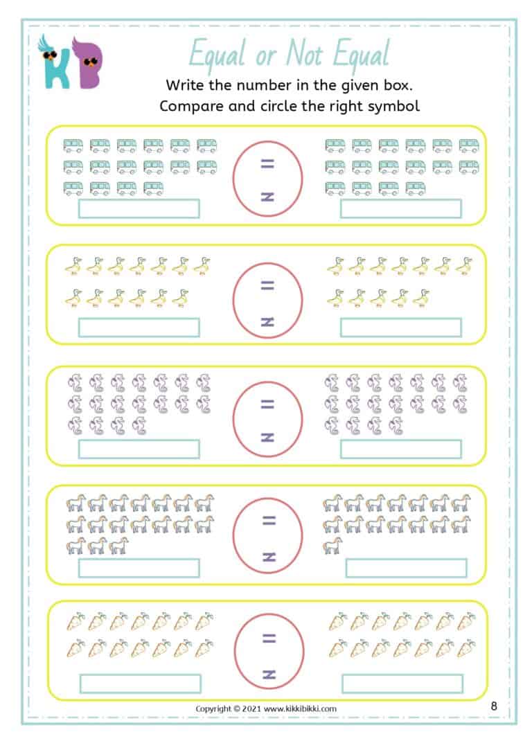 Free Math Printable Worksheets - EQUAL / NOT EQUAL GROUP