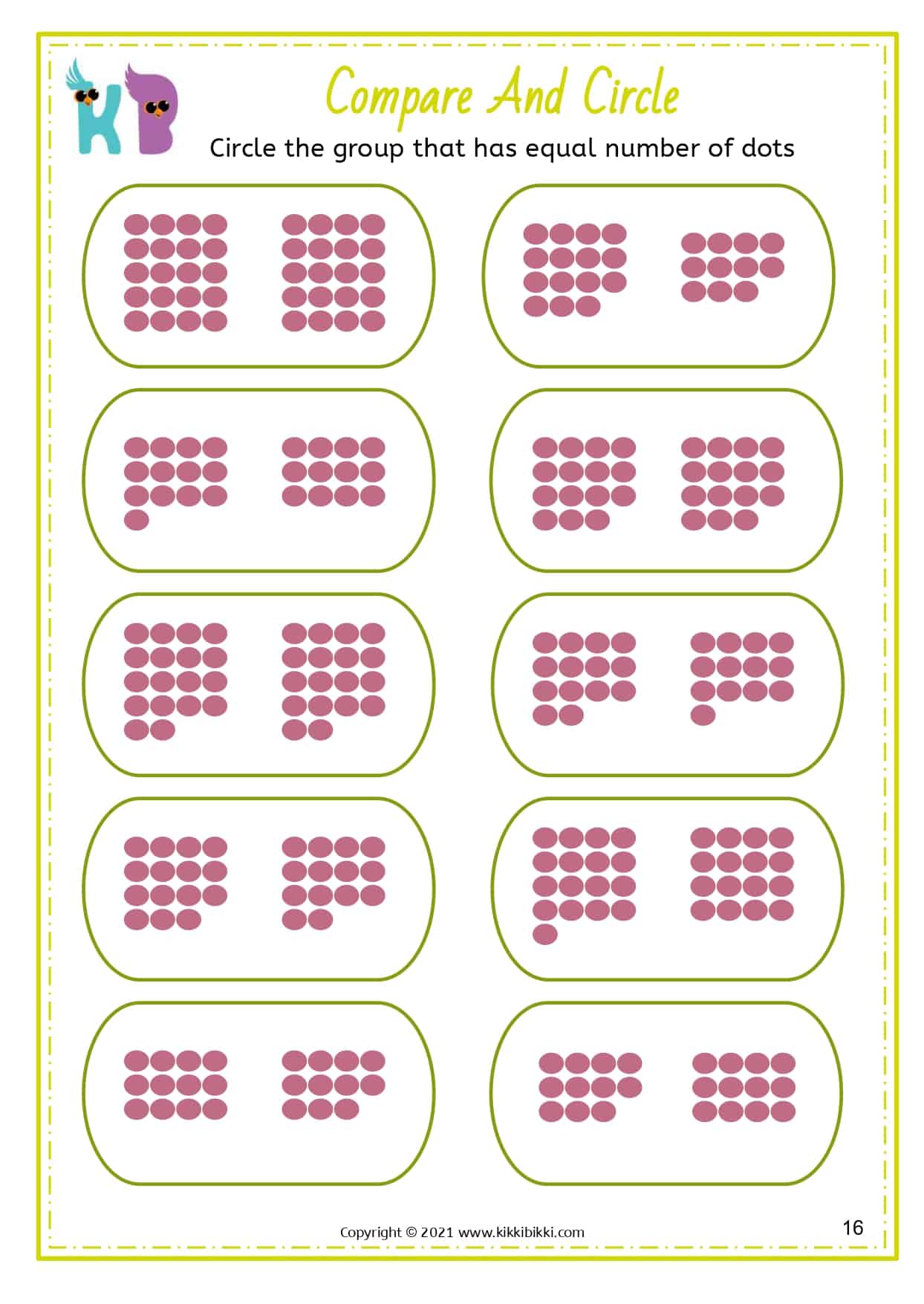 Free Math Printable Worksheets - EQUAL / NOT EQUAL GROUP