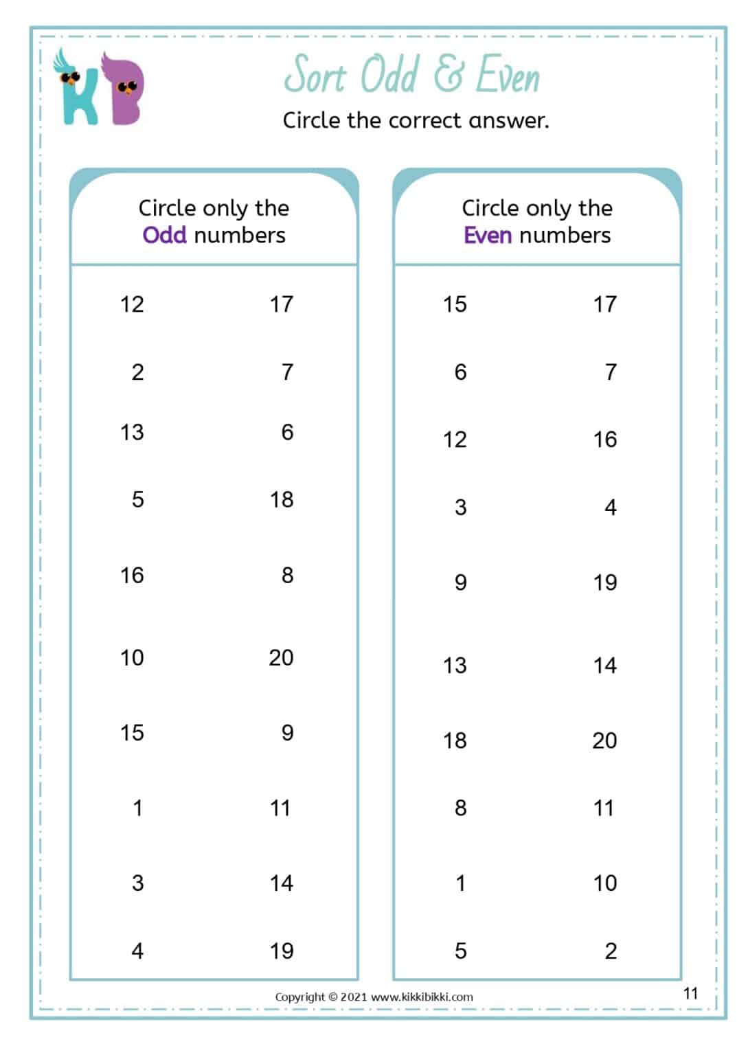 ODD / EVEN - Free Kindergarten Worksheets