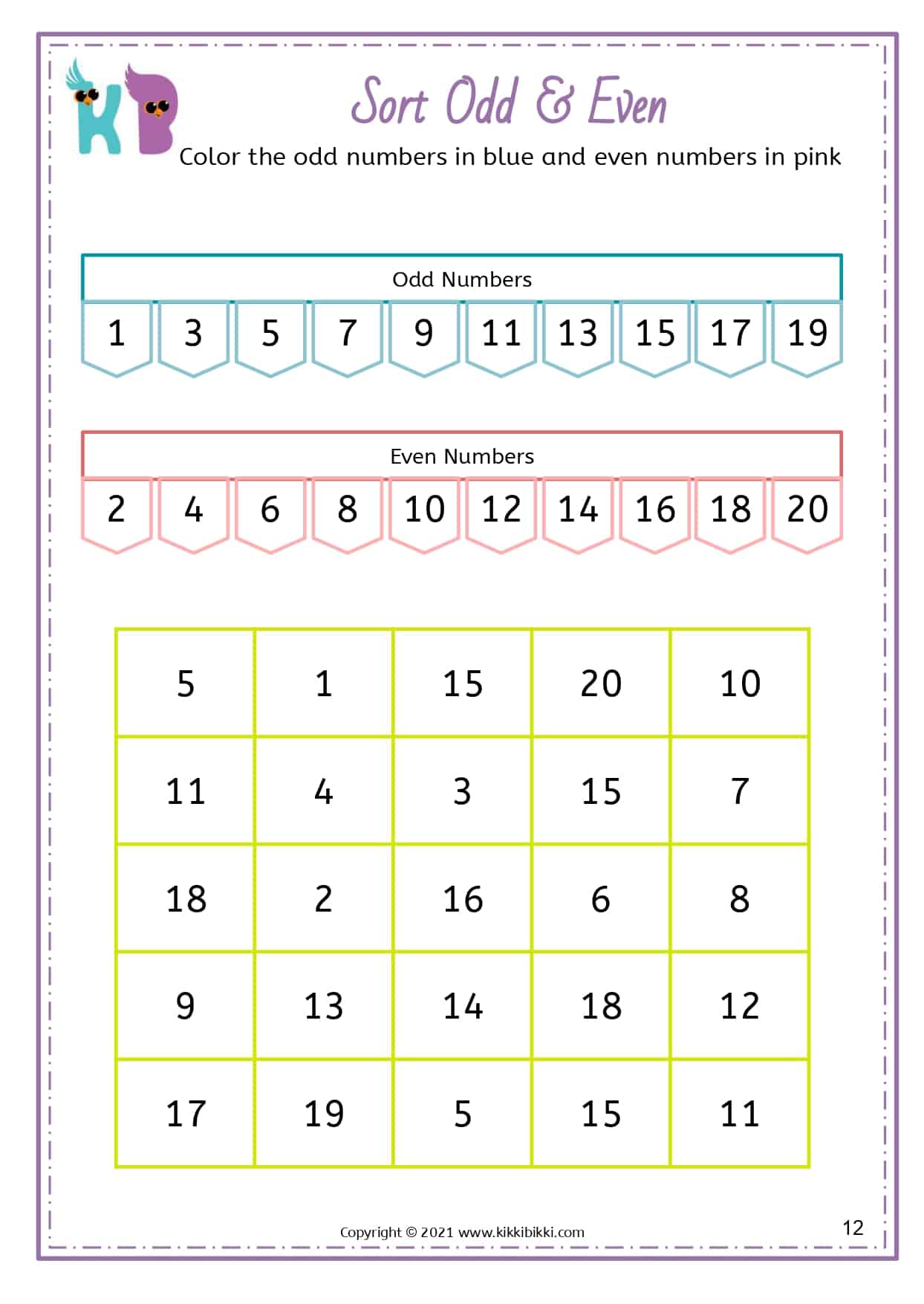 ODD / EVEN - Free Kindergarten Worksheets